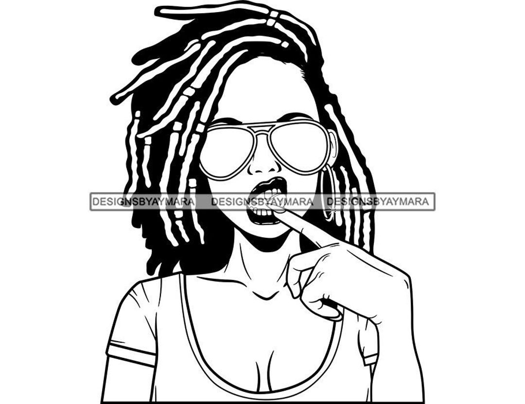 Black Woman Dread Locs Loc'd Finger Mouth Sunglasses Top Black White ...
