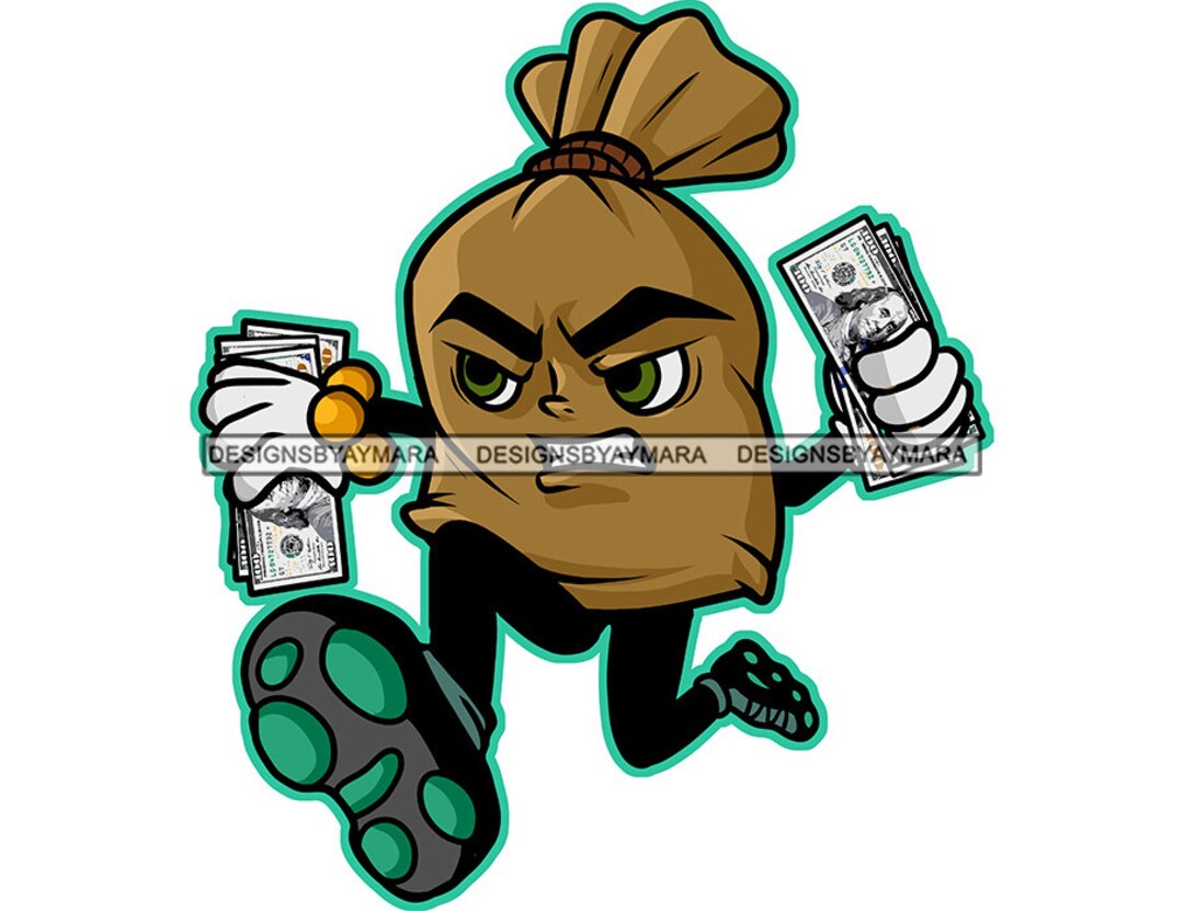 Money Bag Cartoon Character Running Holding Cash 100 Dollar Bill ...