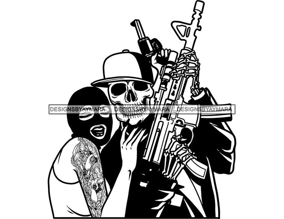 Man Skeleton Skull Baseball Cap Woman Ski Mask Tattoo Hug Guns - Etsy