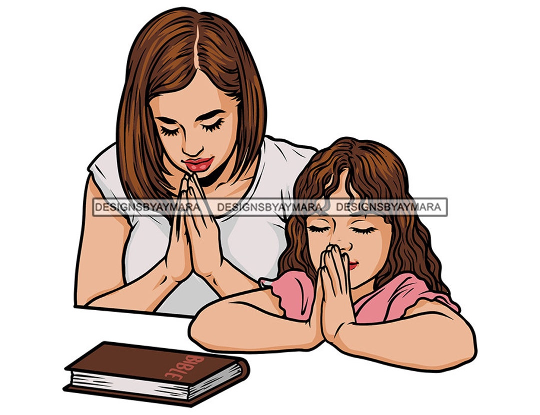 Caucasian Mom Daughter Praying God Prayers Hands Worship Hope Bible ...