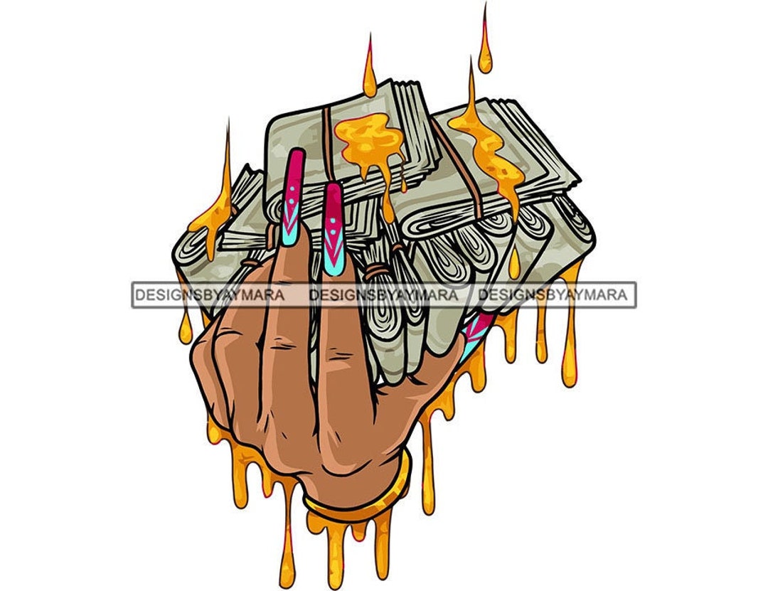 Black Woman Hand Stacks Cash Money Bills Dripping Liquid Gold Red Blue ...