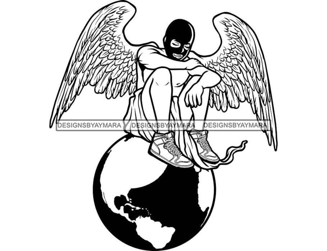 Male Angel Sitting World Earth Ski Mask Sneakers Drape Bare Chest Black ...