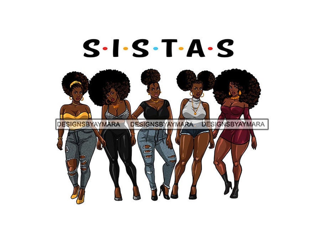 Five Black Sistas Afro Hairstyles Ripped Torn Jeans Friends Shorts ...