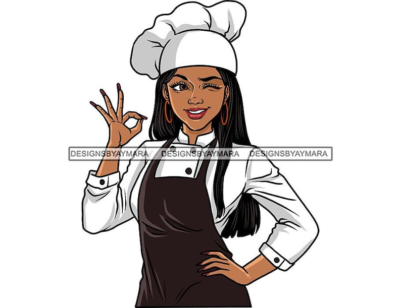 Black Female Chef Uniform Black Apron Braids Kitchen Food Cook ...