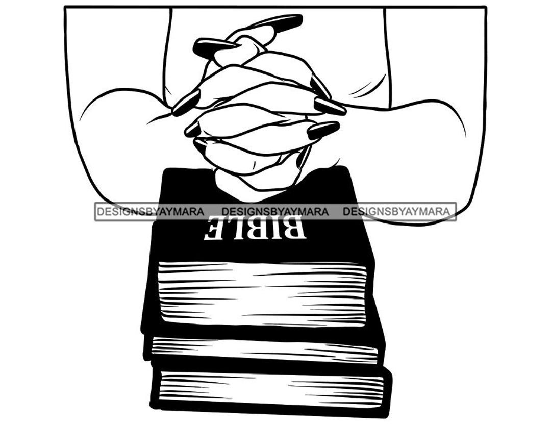 Woman Hands Folded Leaning Bible Holy Bible Book Stack Three Books ...