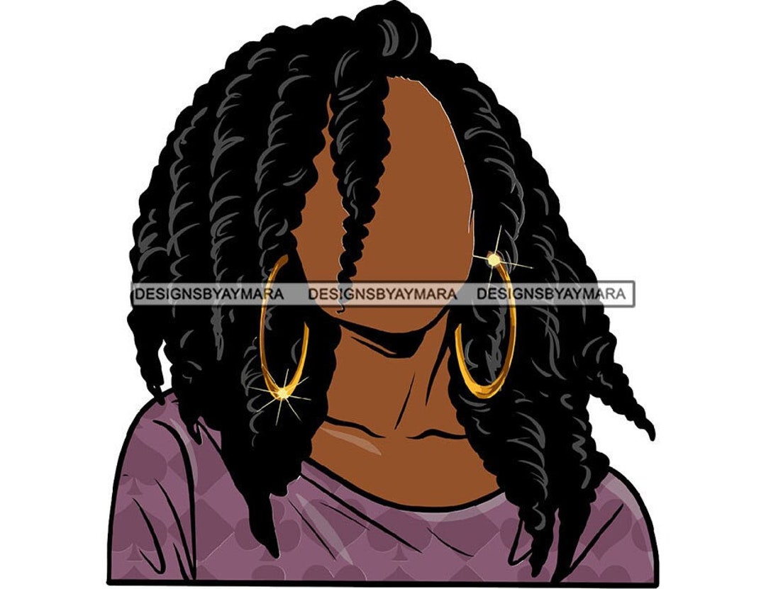 Faceless Black Woman Dreads Twist Gold Hoop Earrings Purple Blouse Top ...