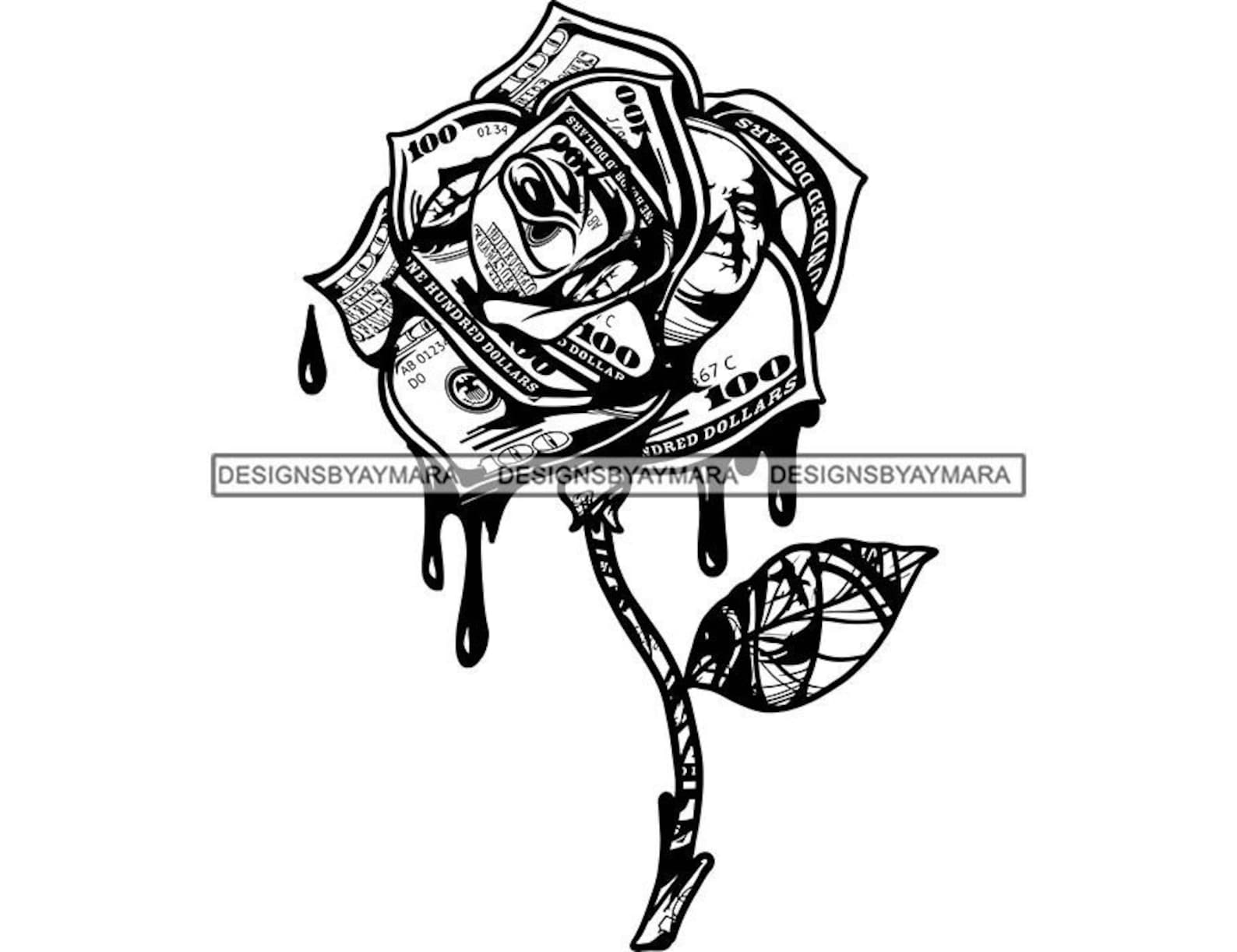Rose Flower Dollar Bills Benjamins Dripping Stem Black White Plant ...