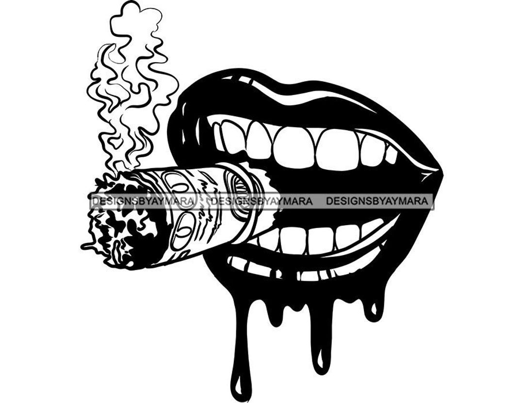 Lips Mouth Smoking Cigar Hundred Dollar Bill Smoke Dripping Teeth Herb ...