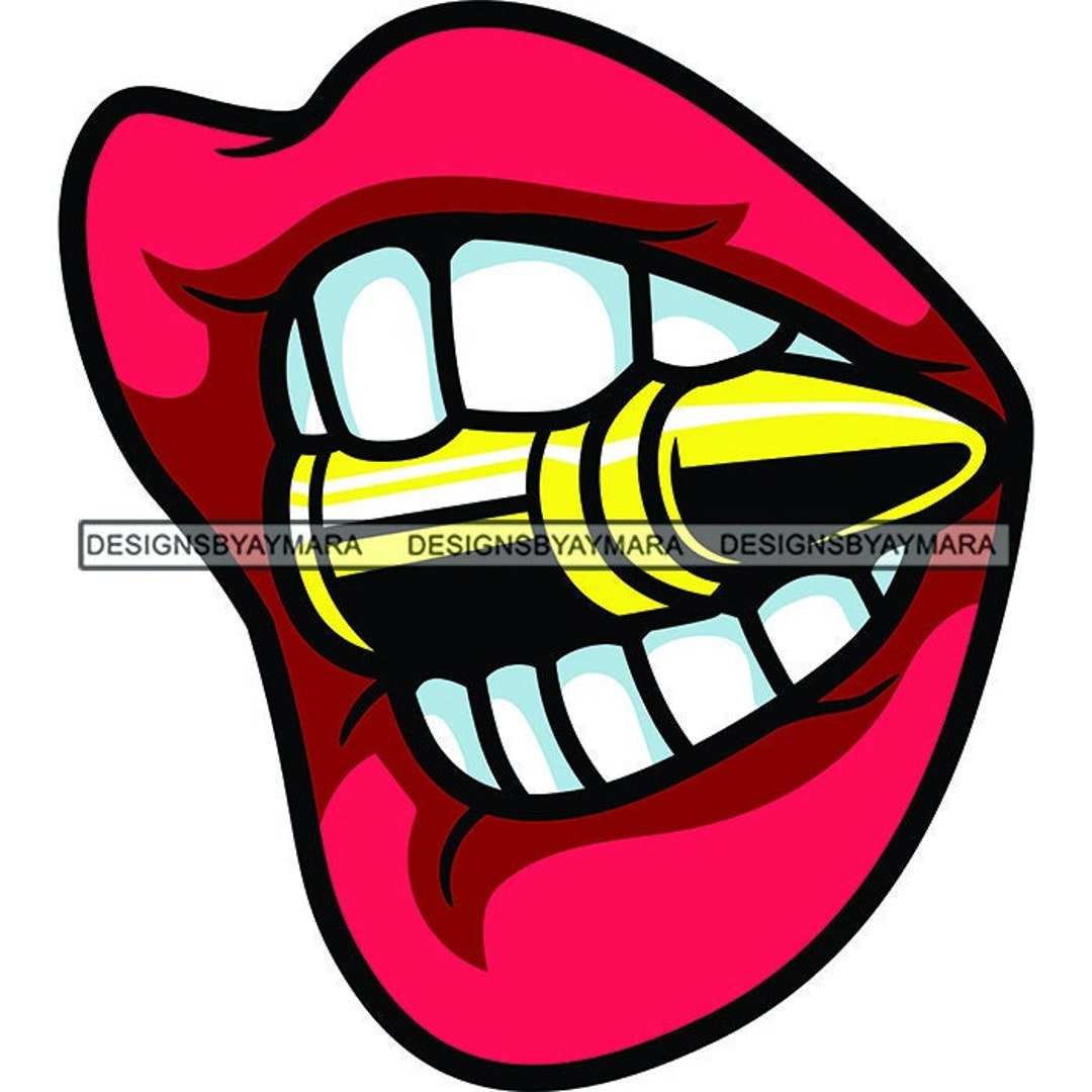 Red Lips Mouth Wide Open Gold Bullet Between Teeth Biting on A Gold ...