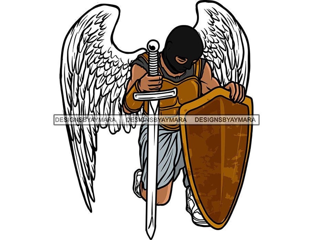 Black Ski Mask Hood Angel Silver Sword Shield Armor Drape Kneeling ...