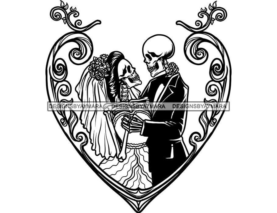Skeleton Could Man Woman Wedding Gown Veil Heart Shape Laurel Tuxedo ...