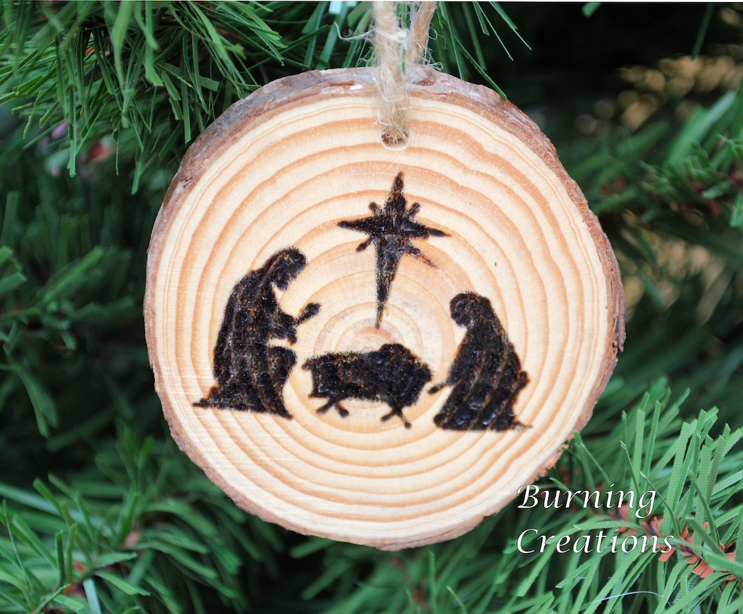 Nativity Ornament, Pine Ornament, Pyrography, Wood Burned, Pine Wooden ...
