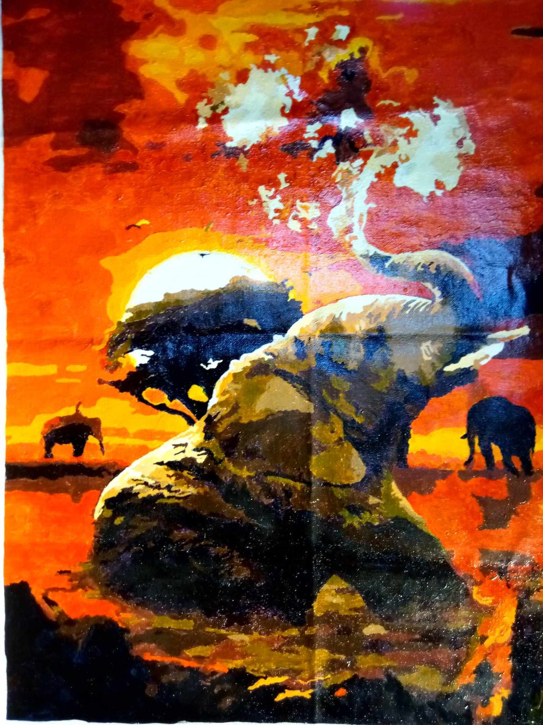 Elephant, African Art Completed Pbn - Etsy