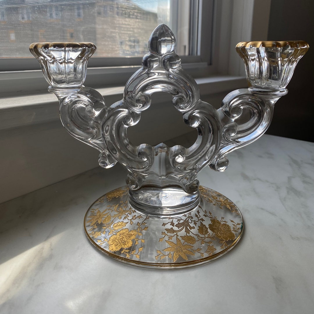 CAMBRIDGE Glass Rosepoint Etch Keyhole Gold Encrusted Candle Holder - Etsy