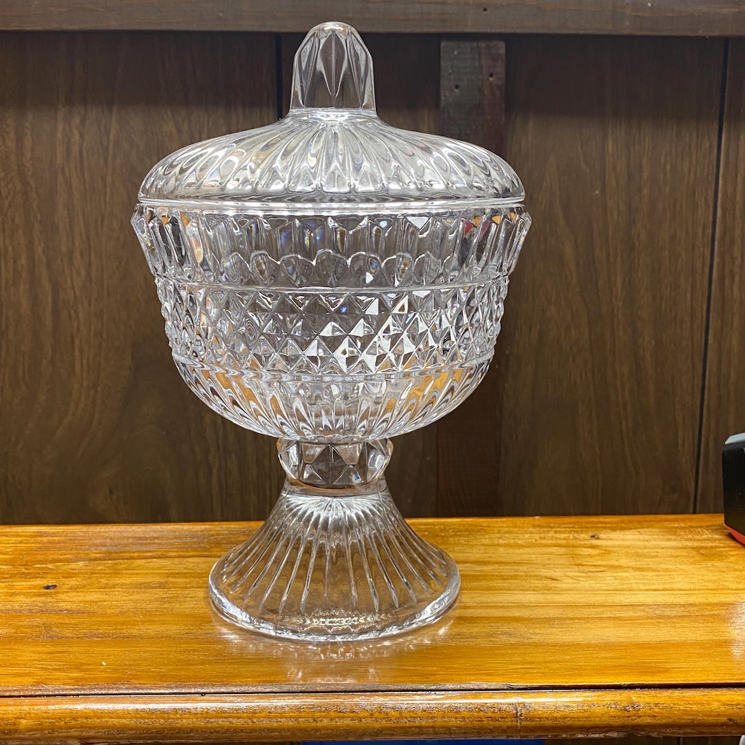 Leonardo Fostoria Clear Glass Candy Jar W/lid 1980’s Vertical & Cross ...