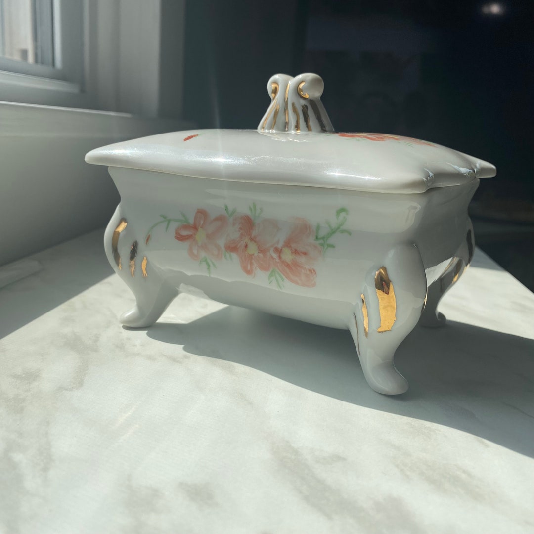 Vintage Porcelain Trinket Box With Flower and Gold Gilding - Etsy