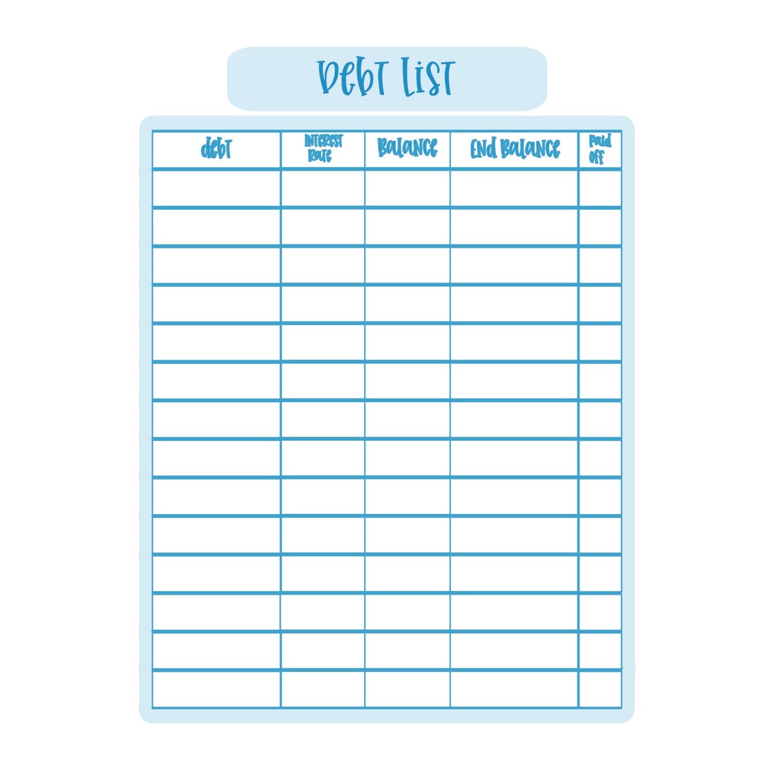 Digital Download of Debt List Budgeting Sticker for Debt Snowball ...