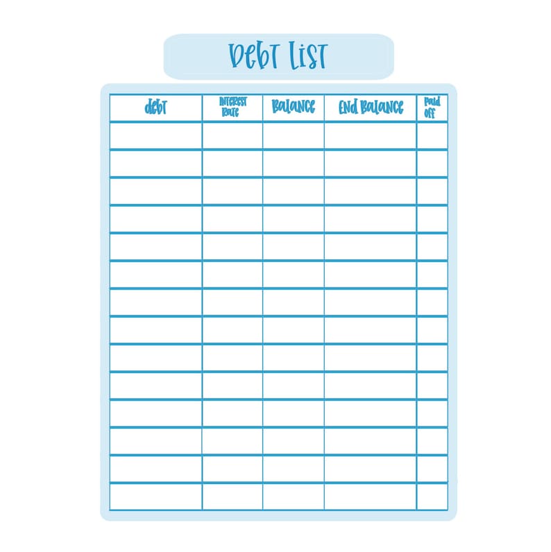 Digital Download of Debt List Budgeting Sticker for Debt Snowball ...