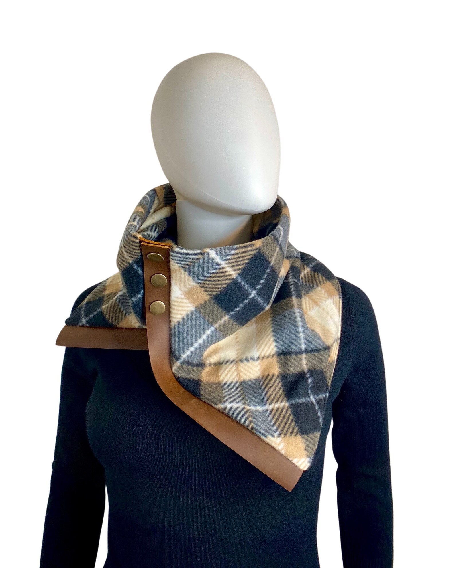 Tan Black Plaid Fleece Lined Winter Cowl Neck Warmer With Snaps ...
