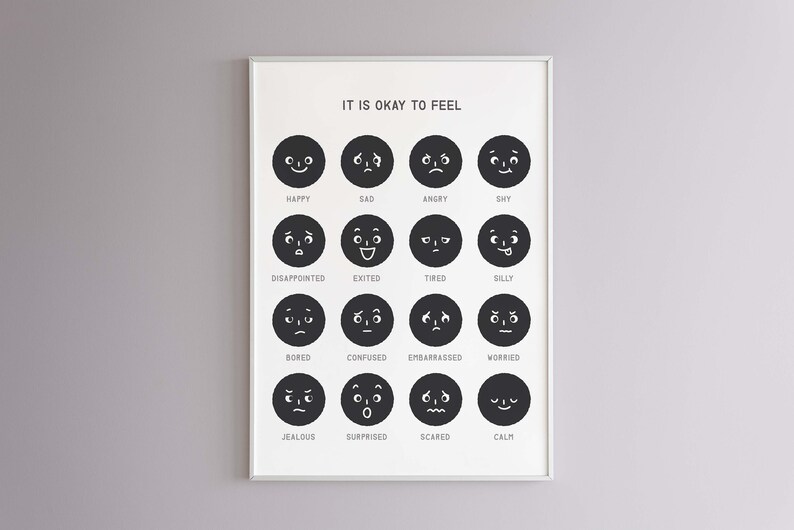 Black and White Feelings Chart Poster, Emotions Poster Printable, Kids ...