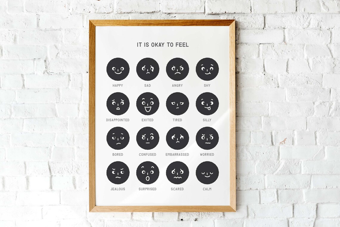 Black and White Feelings Chart Poster, Emotions Poster Printable, Kids ...