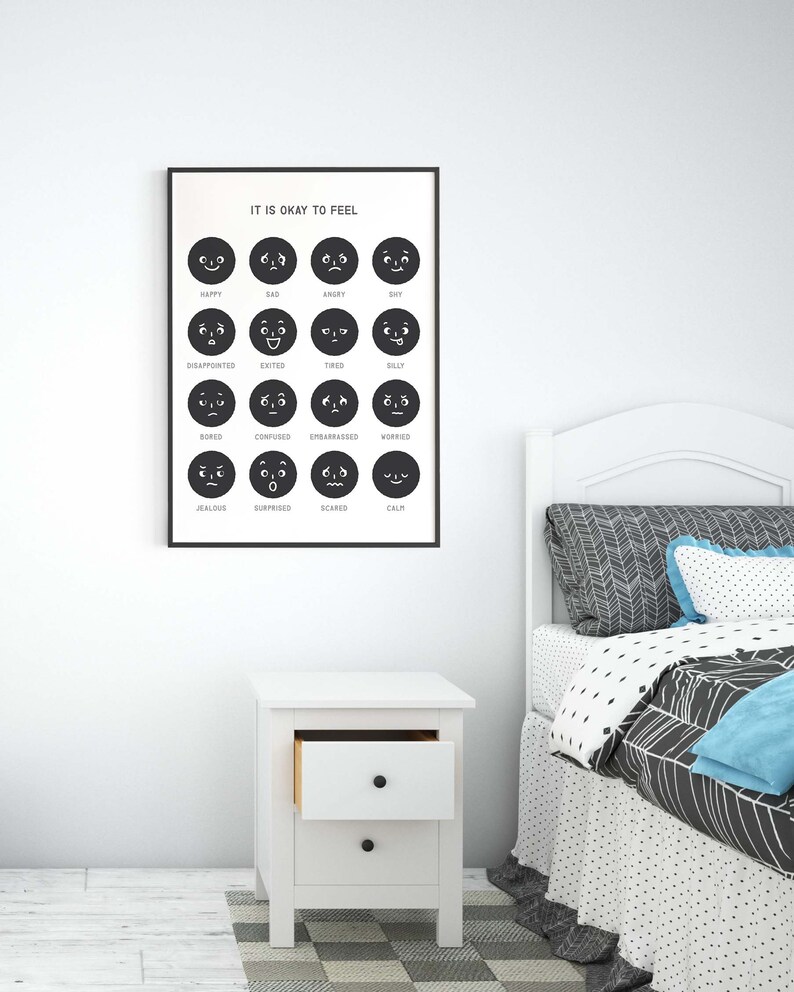 Black and White Feelings Chart Poster, Emotions Poster Printable, Kids ...