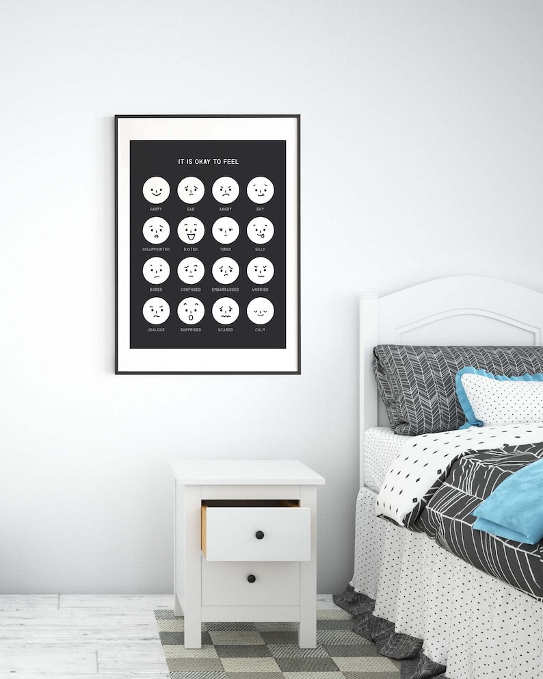 Black and White Feelings Chart Poster, Emotions Poster Printable, Kids ...