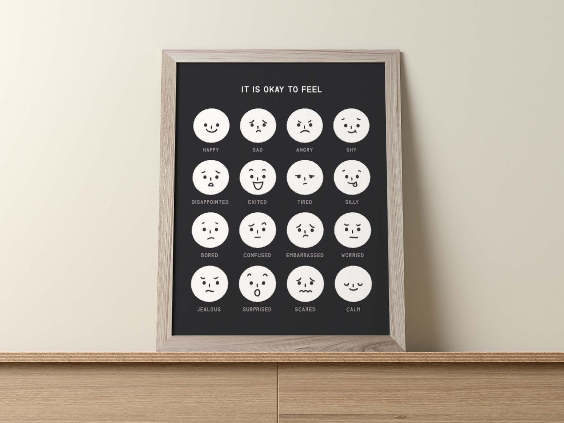 Black and White Feelings Chart Poster, Emotions Poster Printable, Kids ...