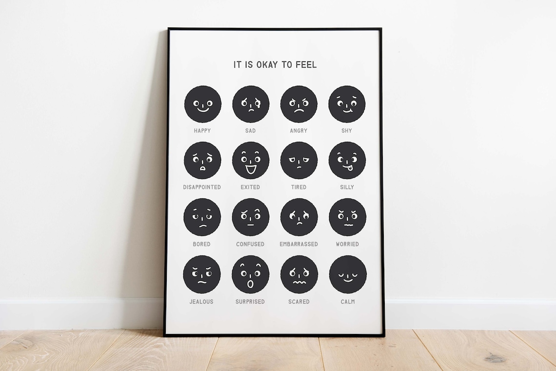 Black and White Feelings Chart Poster, Emotions Poster Printable, Kids ...