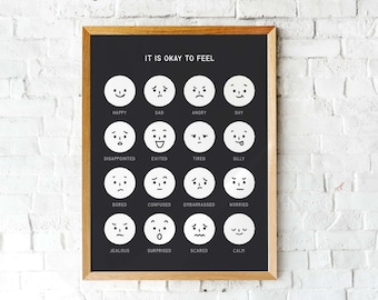 Black and White Feelings Chart Poster, Emotions Poster Printable, Kids ...