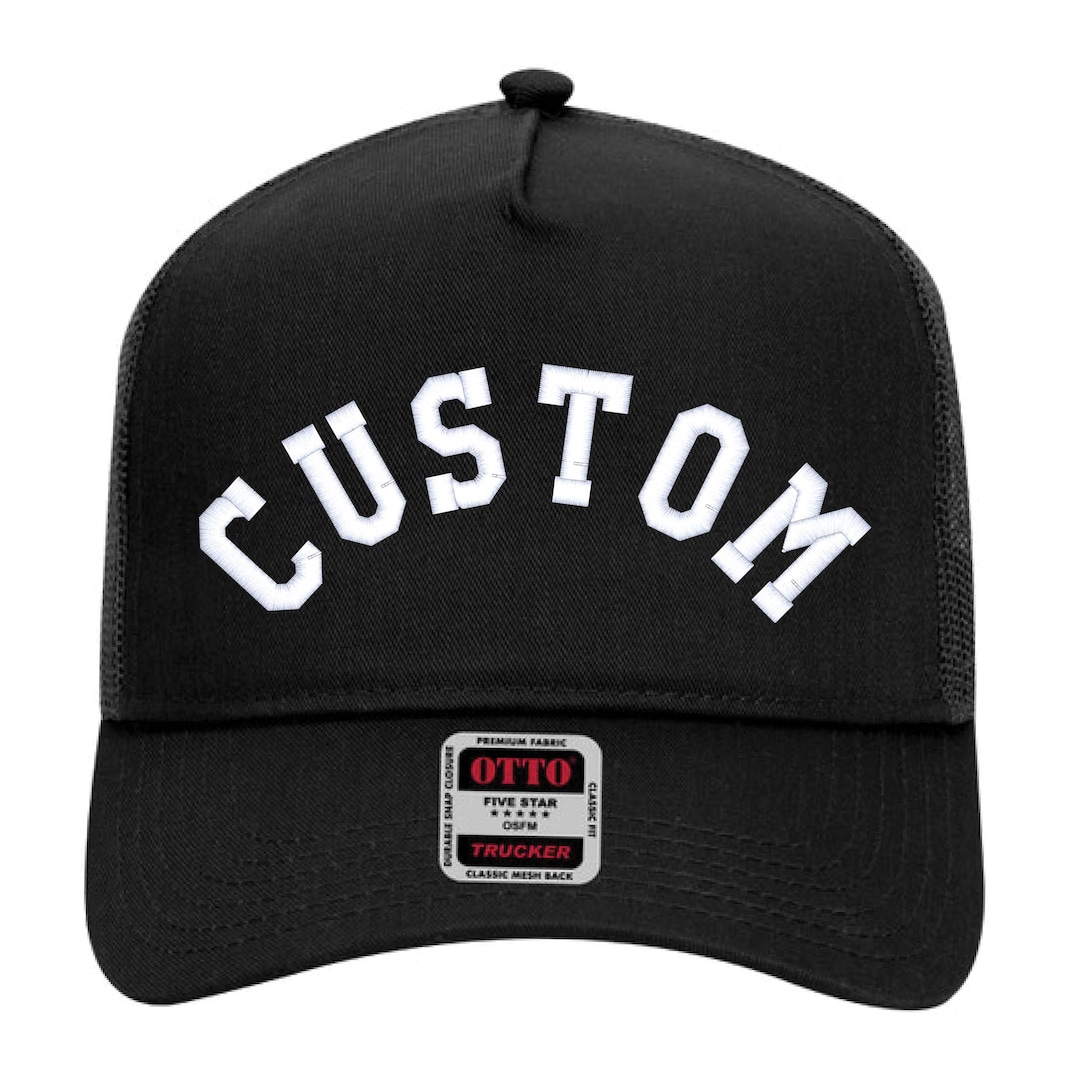 Custom Embroidered Arc Text 5 Panel Mid Profile Structured Trucker Hat ...