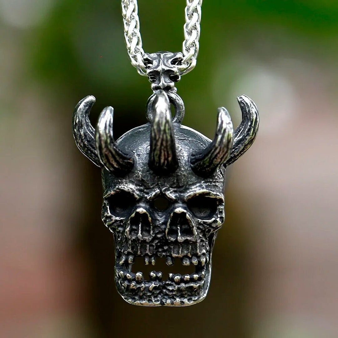 Gothic Death Double Headed Skull Horned Pendant for Men Gothic Punk ...