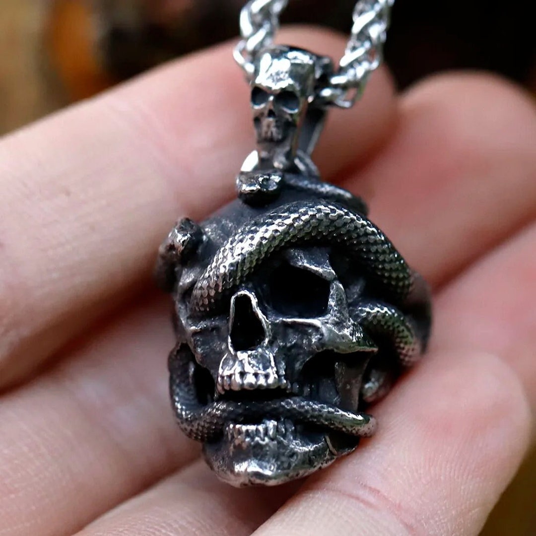 Skull Craving Snake Pendant for Men Gothic Punk Snake Slithering Skull ...