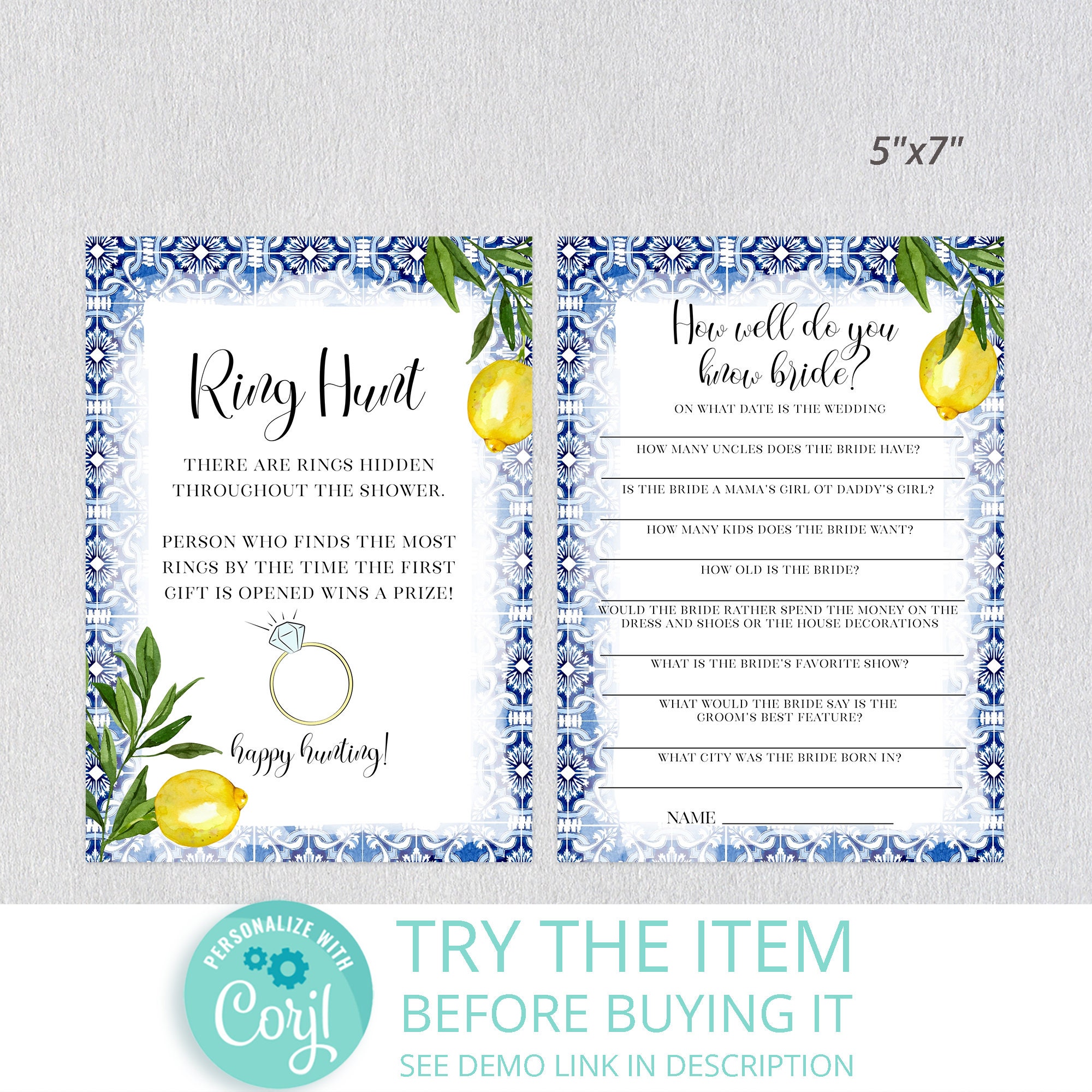 Lemon Theme Bridal Shower Game Bundle Positano Blue Tile - Etsy Canada