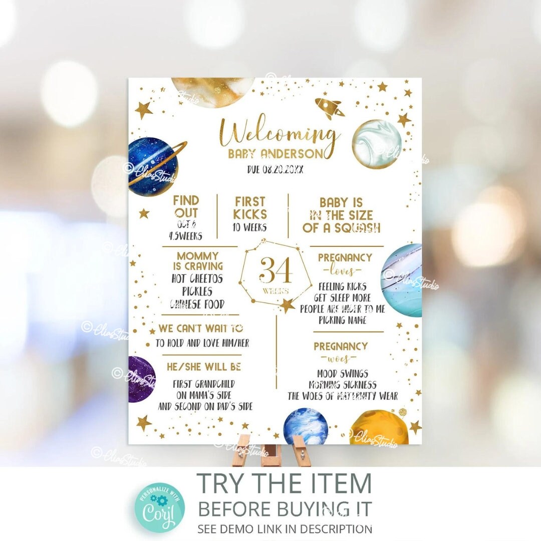 Outer Space Baby Shower Pregnancy Stat Board | Galaxy Baby Shower ...
