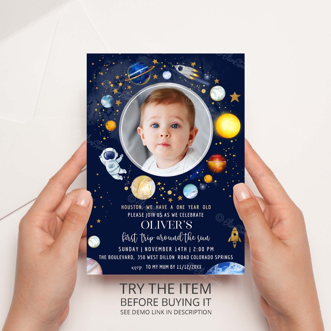 Editable Photo Space Birthday Invitation First Trip Around the Sun ...