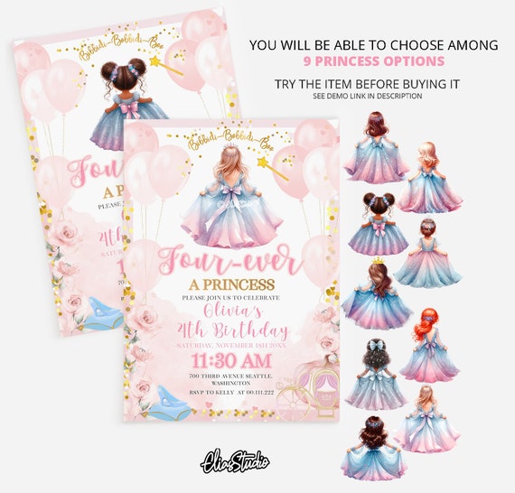 Disney Princess 4th Birthday Party Invitations Cute Disney Princess