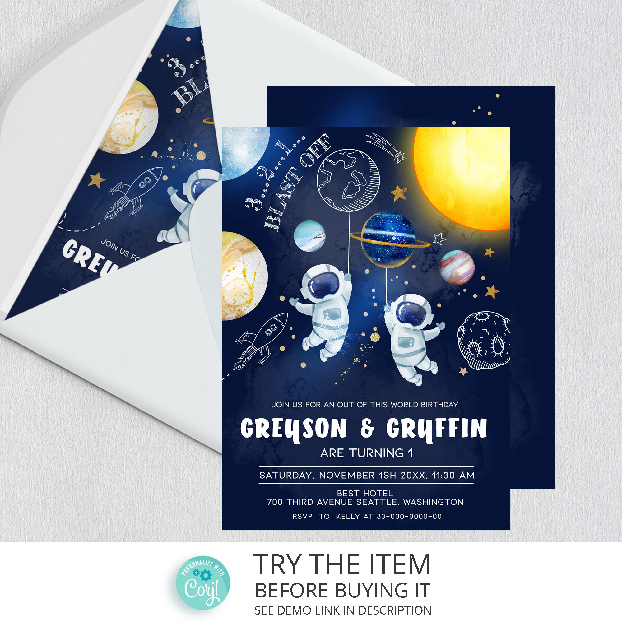 Editable Space Themed Twins Birthday Invitation First Trip | Etsy