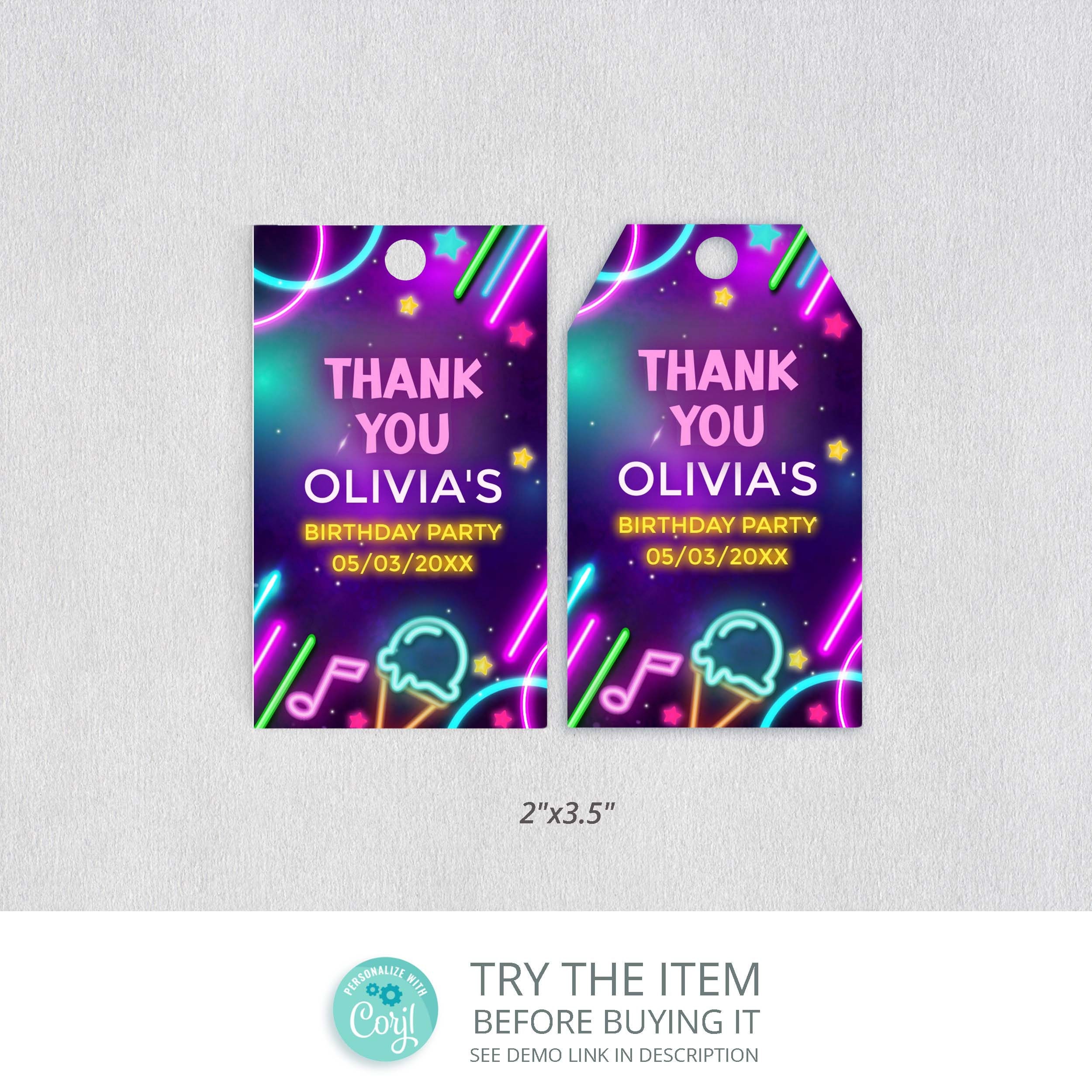 Neon Birthday Thank You Tag Template, Let's Glow Crazy Girls Neon ...