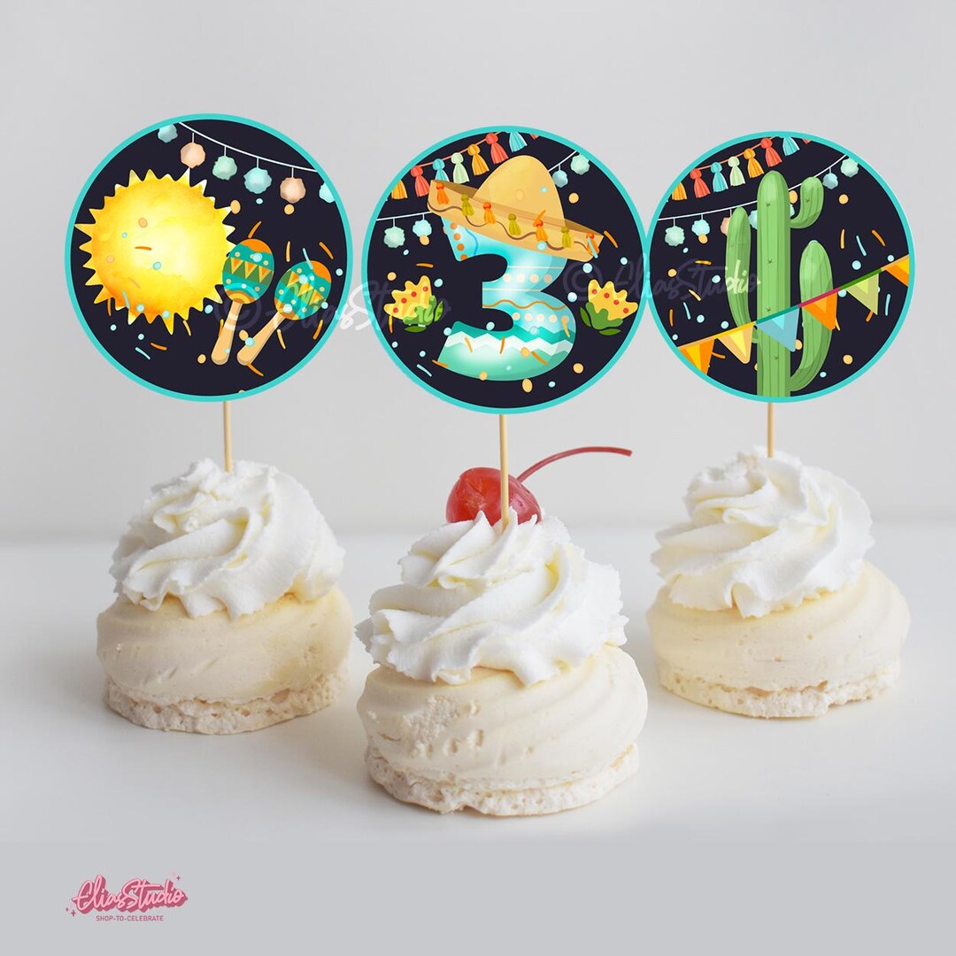 Three Esta Fiesta Birthday Party, Cupcake Toppers Birthday Printable ...
