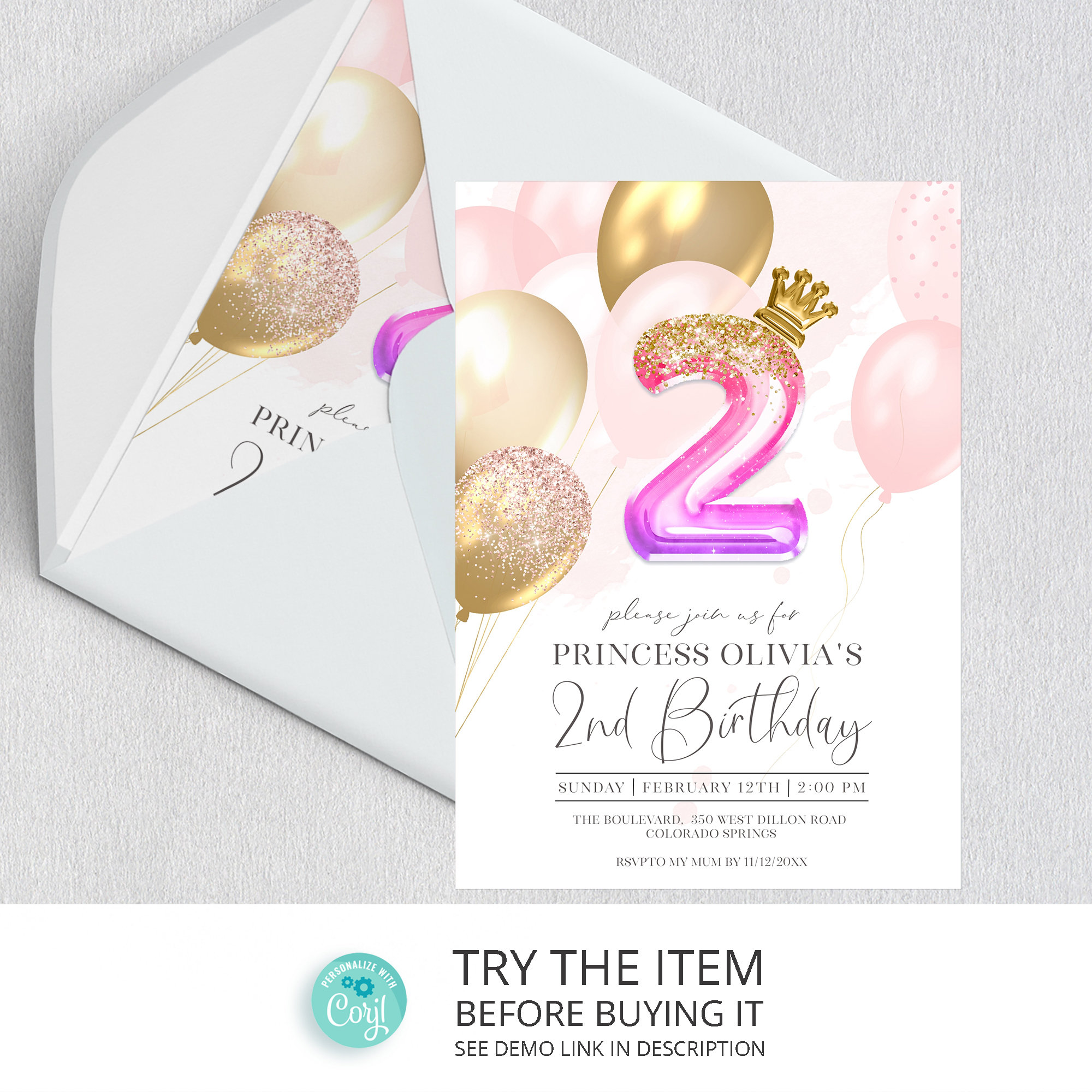 Editable Princess Second Birthday Girl Invitation Template | Little ...