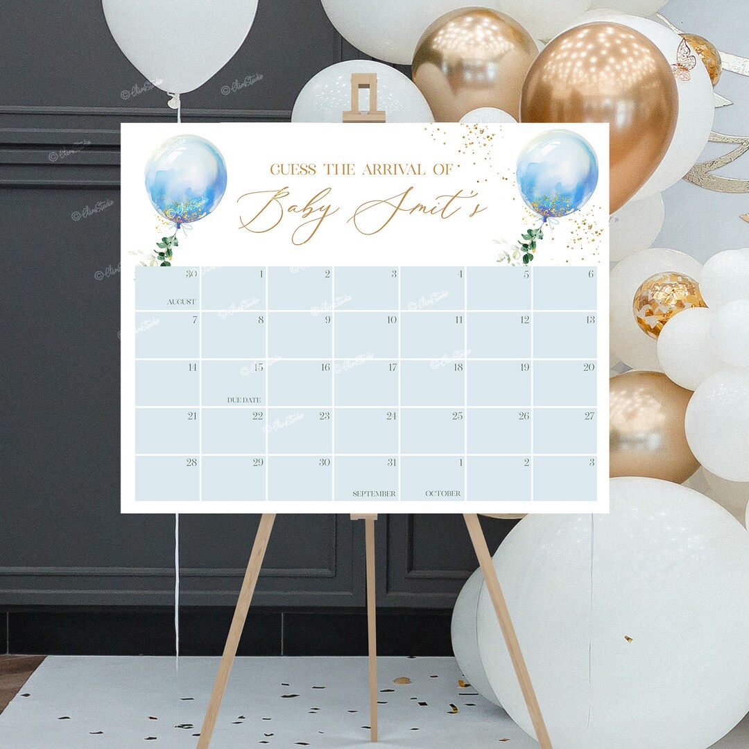 Blue Balloon Baby Shower Guess the Baby Birthday Calendar Oh Boy Baby ...