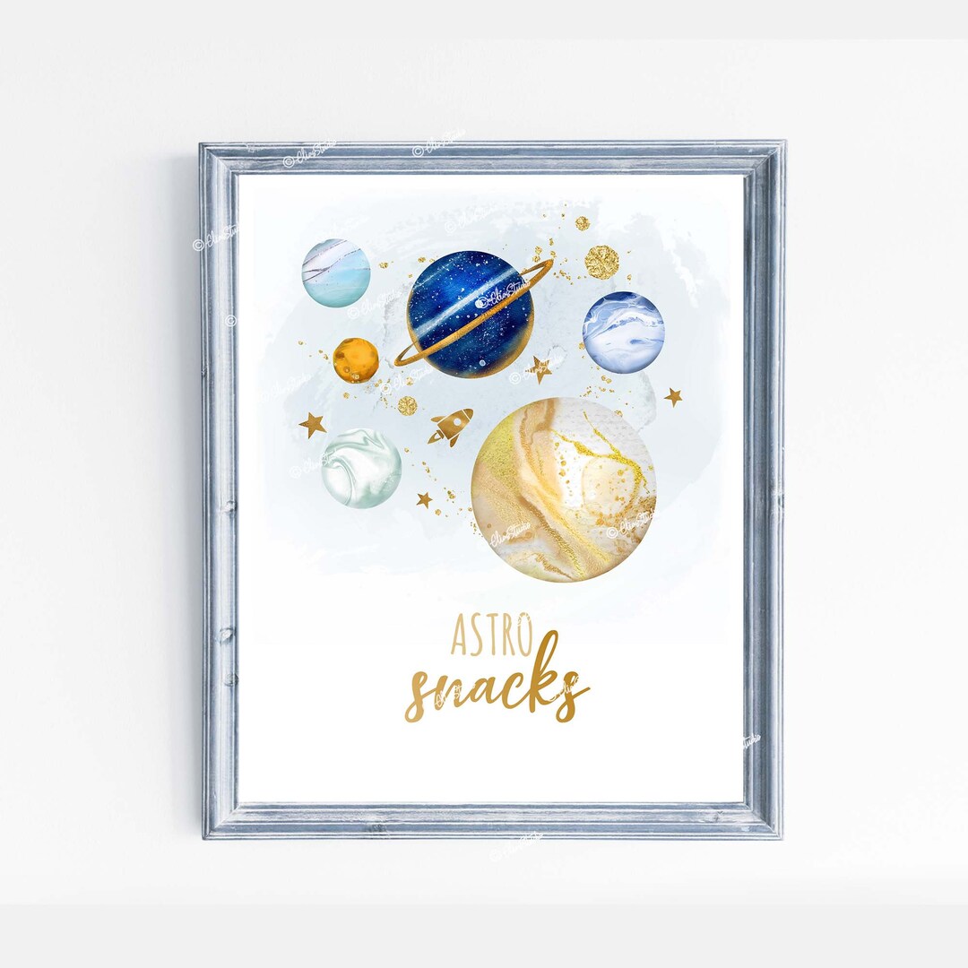 Astro Snacks Galaxy First Trip Birthday Favors Sign Template Astronaut ...