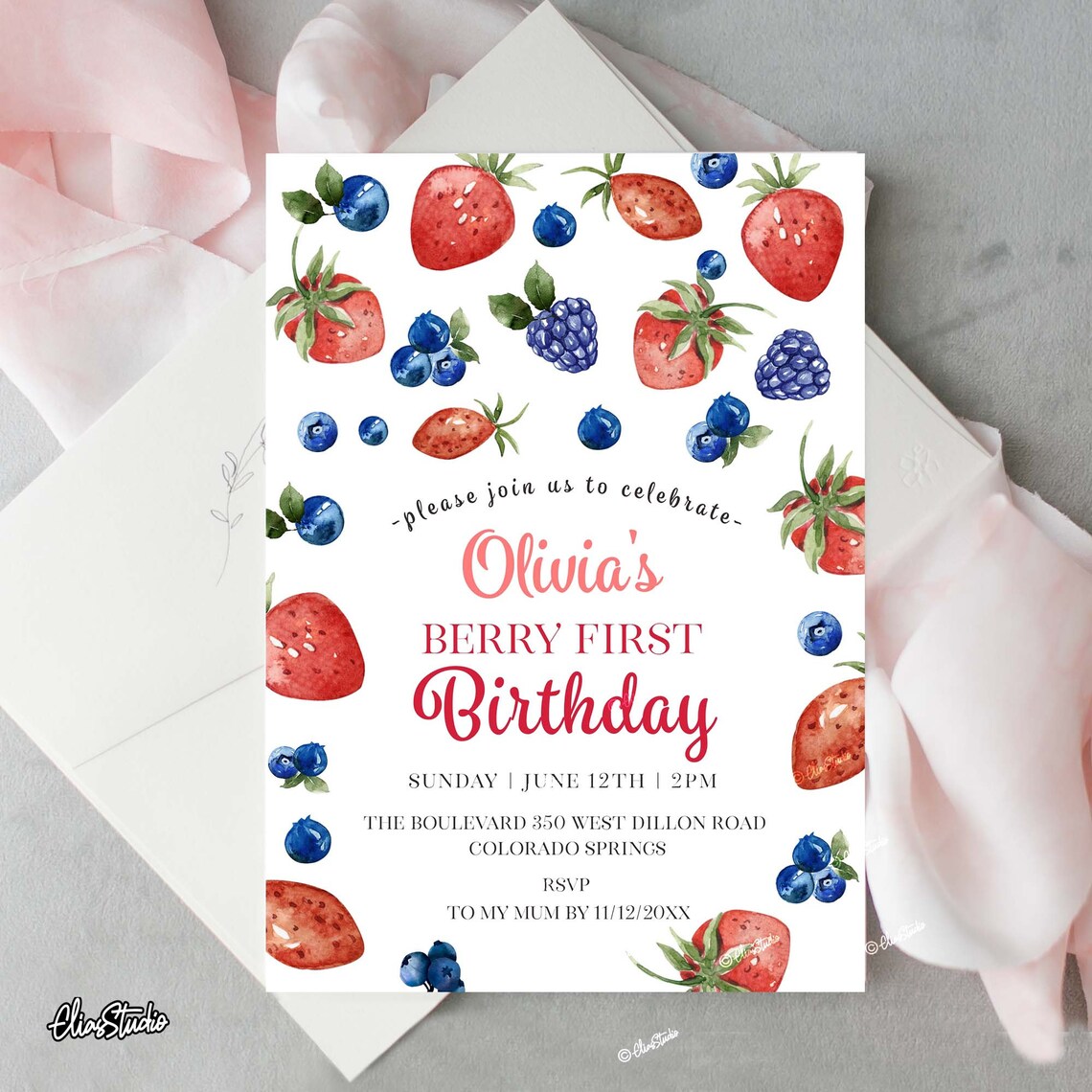 Editable Berry First Birthday Invitation, Strawberry Birthday Invite ...