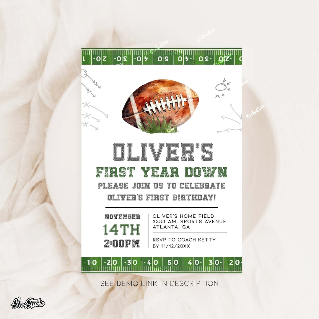 Editable 1st Birthday Football Invitation, First Year Down, Football ...