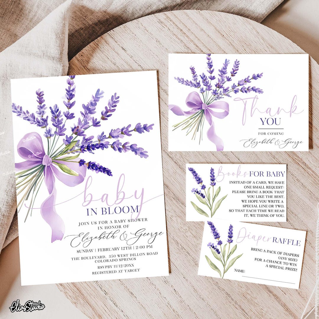 Baby in Bloom Shower Invitations Set, Lavender Baby Shower Invitations, Floral Invitation ...
