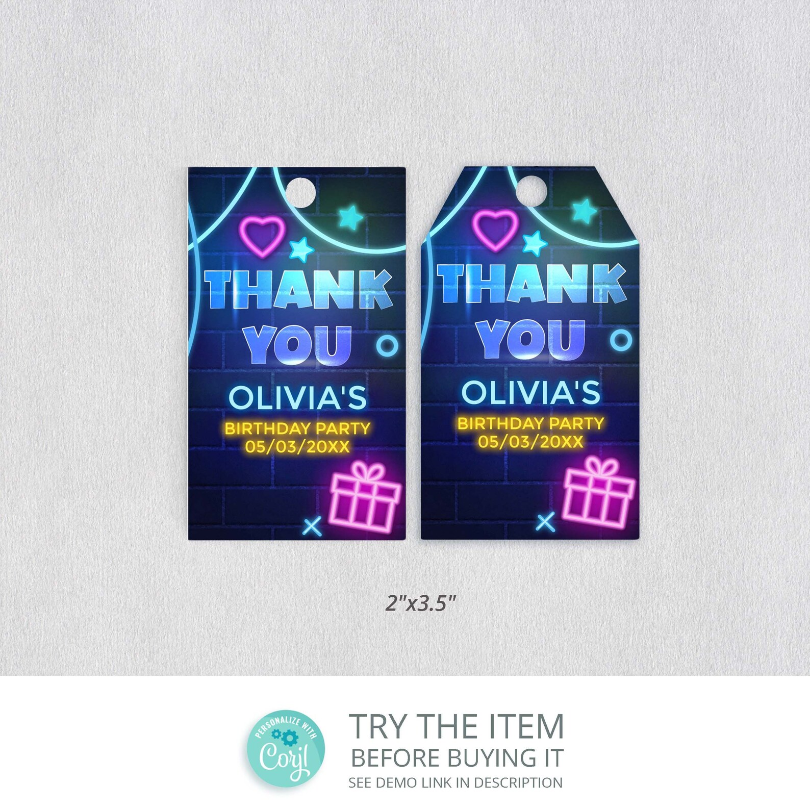 Neon Birthday Thank You Tag Template Let's Glow Crazy - Etsy