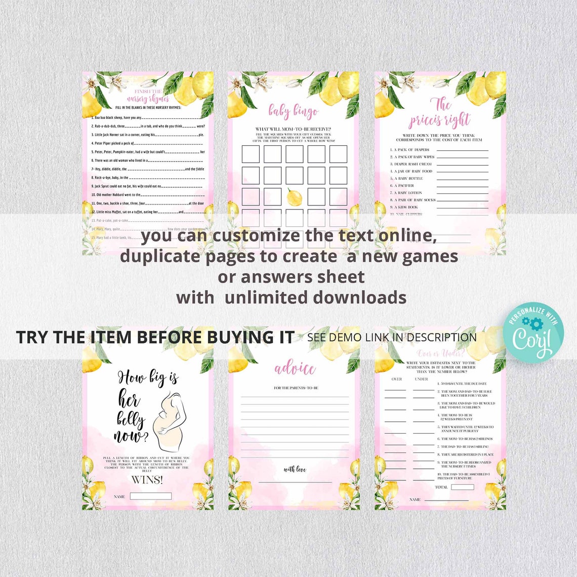 Pink Lemon Baby Shower Games Printable Lemonade Baby Shower - Etsy
