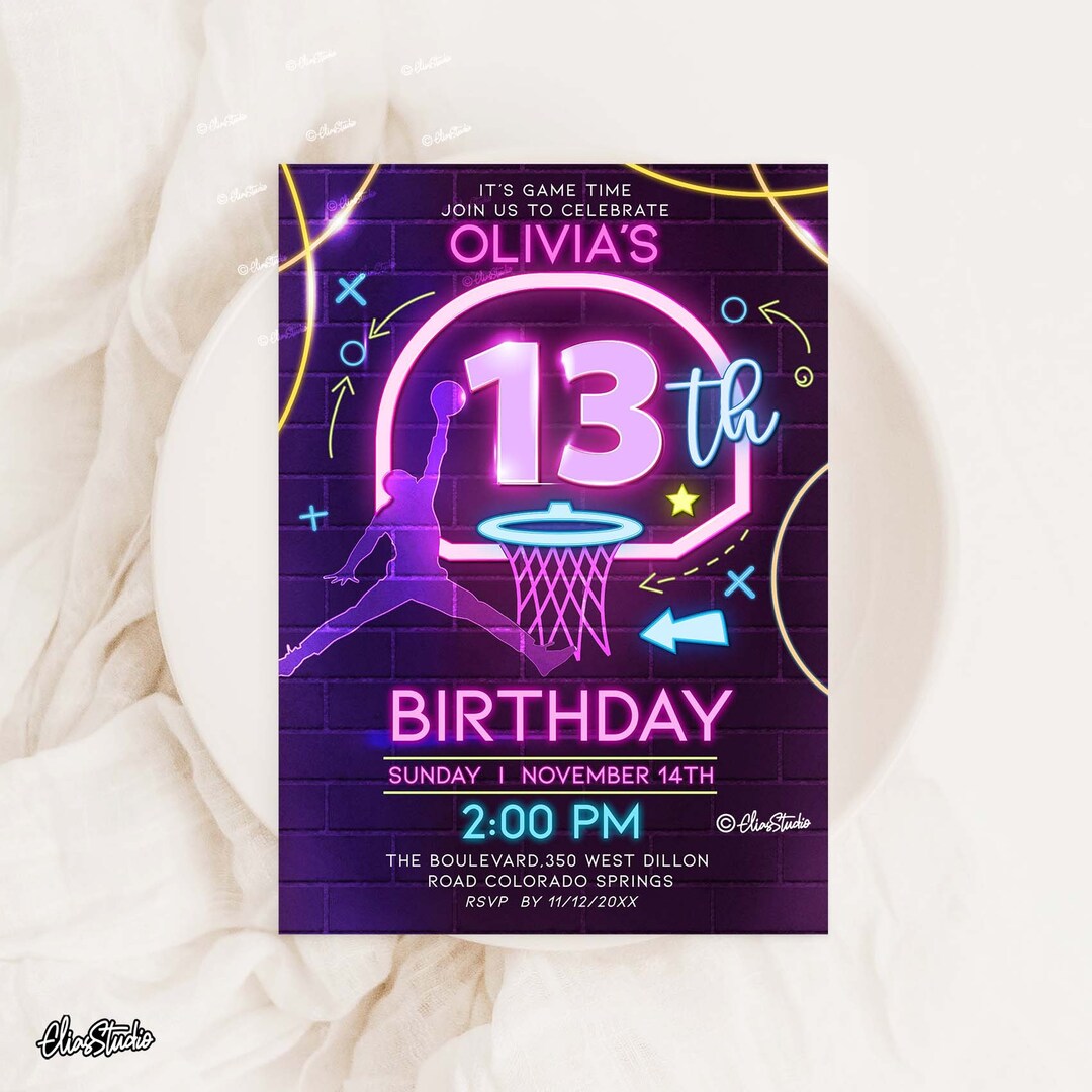 Neon Basketball Invitation Girl Basketball Invite Basketball Birthday ...