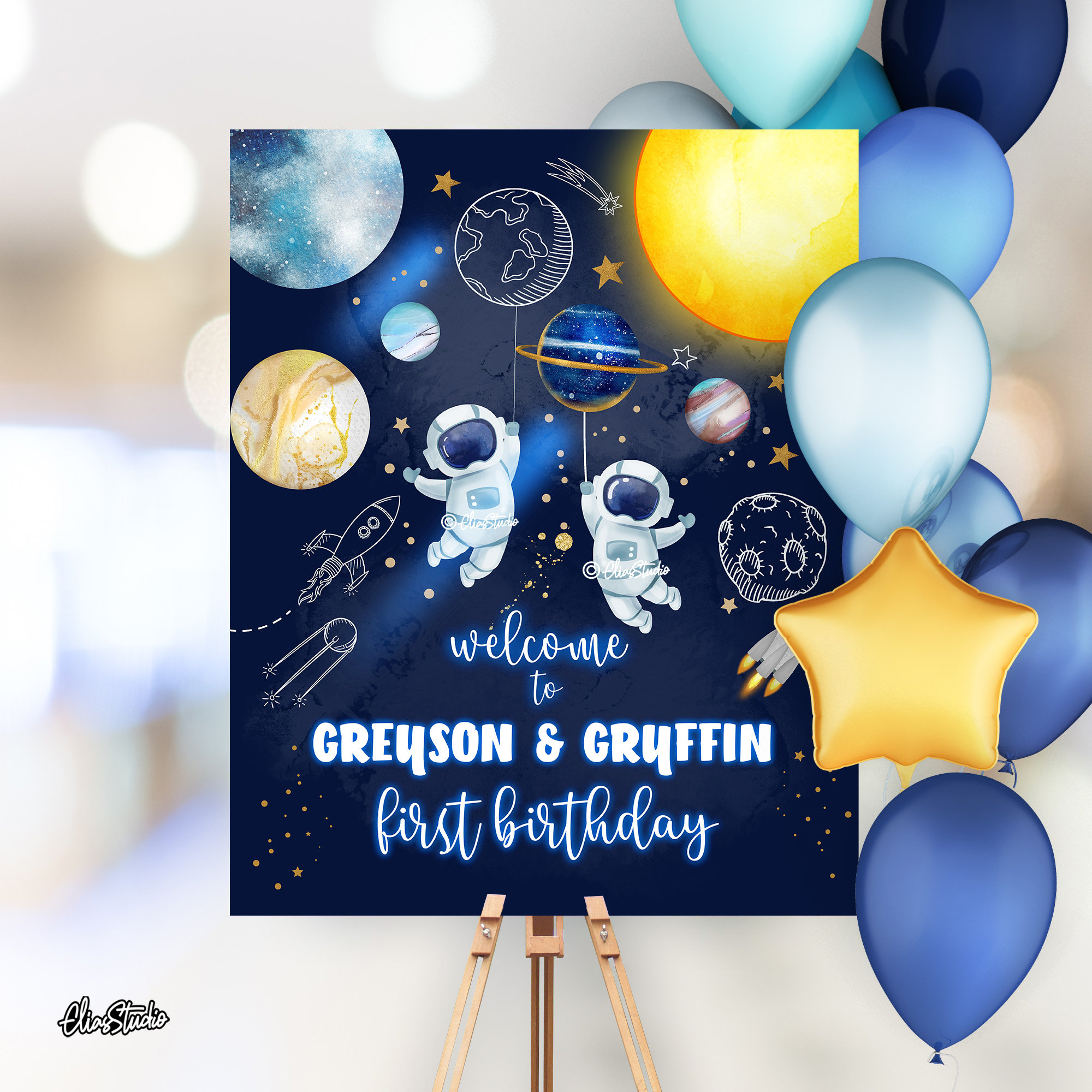 Editable Space Themed Twin Birthday Welcome Sign First Trip Around the ...